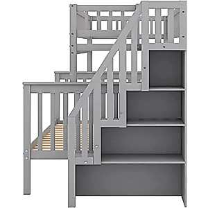 DNYN Stairway Twin-Over-Full Bunk Bed with Storage Shelves & Guardrail for Dorm, Kids Bedroom, Solid Pine Wood Bedframe, Space Saving Design & No Box Spring Needed, Grey