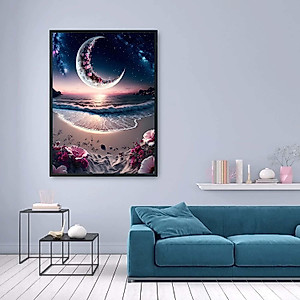 Moon Diamond Painting Kits for Adults,The Beach at Night Diamond Art Kit,Diamond Painting Full Drill Round for Gift,Wall Decor,Relaxing