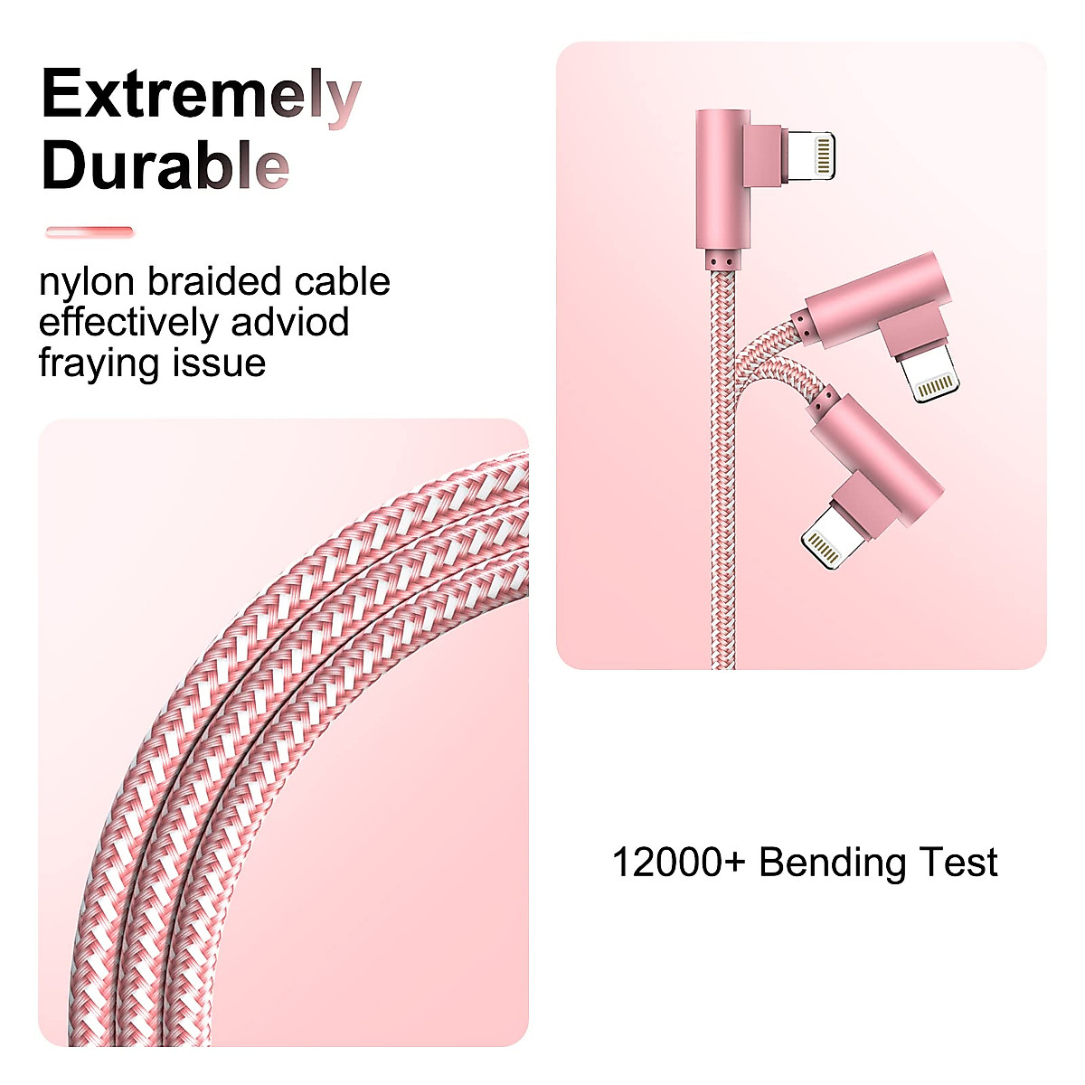 FOXSEA iPhone Charger 10FT, Right Angle Lightning Cable MFi Certified iPhone Charging Cord Nylon Braided Compatible with iPhone 14/13/12/11 Max/Pro Max/Mini/XS/XR/XS/X/8/7/iPad (Pink)