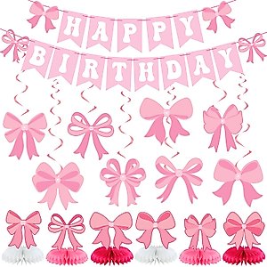 Fanfanwin 24 Pcs Coquette Pink Bow Party Decorations Pink Bow Birthday Party Favors Pink Bow Banners Ribbons Hanging Swirls Honeycomb Centerpieces for Women Baby Shower Christmas Party