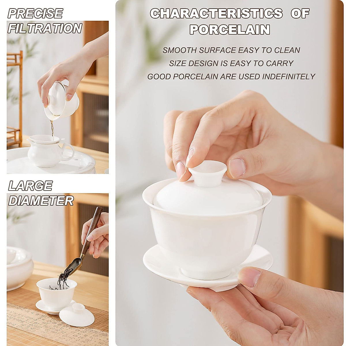 Aroplor China Kung Fu Gaiwan Teacup Traditional White Porcelain Tea Bowl Saucer Set for Brew Kung Fu Tea Porcelain Gift 5.5oz Jingdezhen Drinking Ware