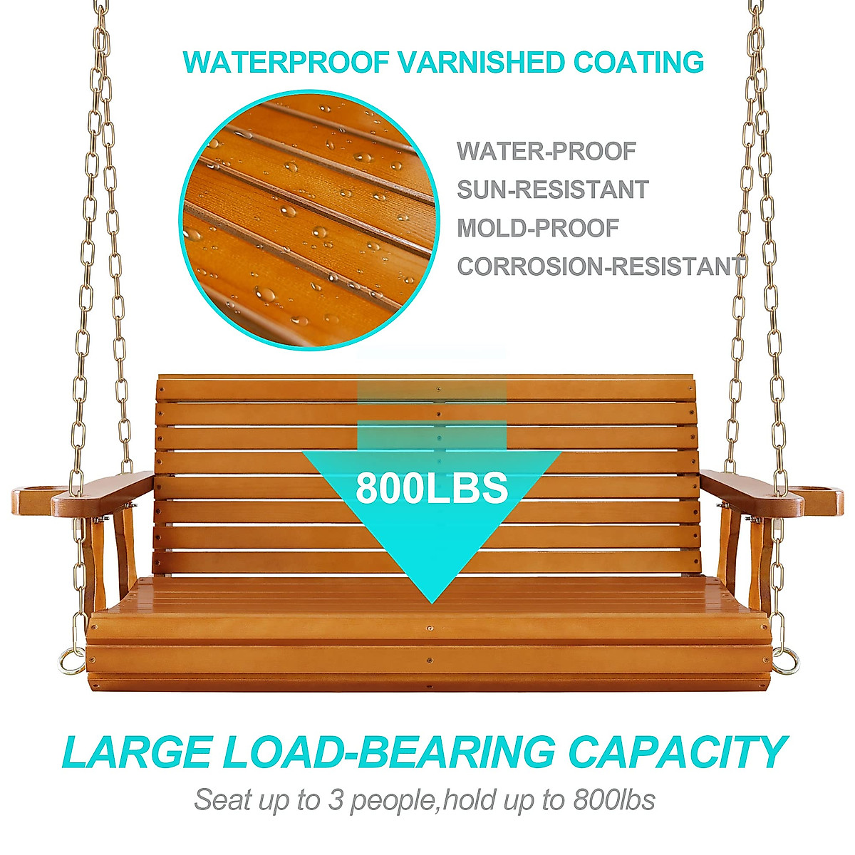 4FT Wooden Porch Swing w/Cupholders,Heavy Duty 800LBS Outdoor Swing Bench w/Chains,Patio Roll Back Swing Chair Bench,Front Porch 2-Person Hanging Bench,for Garden Courtyard Lawn & Balcony Backyard