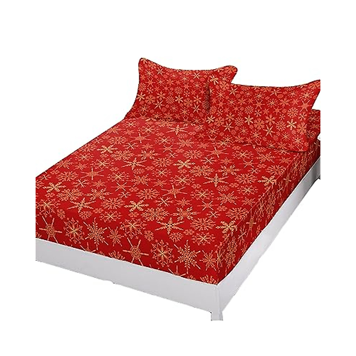Full Size Fitted Sheet Bed Set Winter Christmas Gold Snowflake Deep Pocket Soft Bottom Sheets&Pillowcases for Bedroom Decor Seamless Snow on Red,Fits Mattress Up to 16" Deep