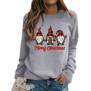 bargains Christmas T Shirts for Women Long Sleeve Cute Print Graphic Xmas Sweatshirts Crewneck Pullover Tops Ugly Sweater T Shirt Grey