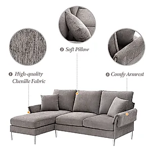 FIQHOME 84'' Convertible Sectional, Modern Chenille L-Shaped Sofa Couch with Reversible Chaise Lounge, Fit for Living Room, Apartment(2 Pillows,New,Grey)