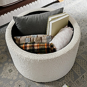 ONEVOG Large Ottoman Round Storage Ottoman with Wooden Lid, Living Room Round End Table No Assembly Required, Durable Boucle Fabric, Multipurpose End Table Support 300lbs