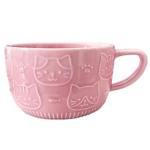 Cute Ceramic Cat Mug with Lid, Pink Cat Mug, Kawaii Coffee or Tea Cup for Cat Lovers, Unique Novelty Cat Gift, Mug and Lid Set (Pink)