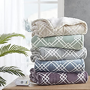 Serta Pace Reversible Ogee Plush to Sherpa Throw Ultra Soft Knitted Electric Blanket,Cozy and Snuggly Cover for Cold Weather, Auto Shut Off, Multi Heat Setting Controller, 50"x60", Dusty Blue Geo