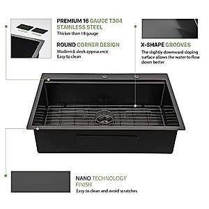 Beslend 28 Black Drop In Workstation Kitchen Sink - 28"x22"x10" Gunmetal Black Stainless Steel Topmount 16 Gauge 10 Inch Deep Sink