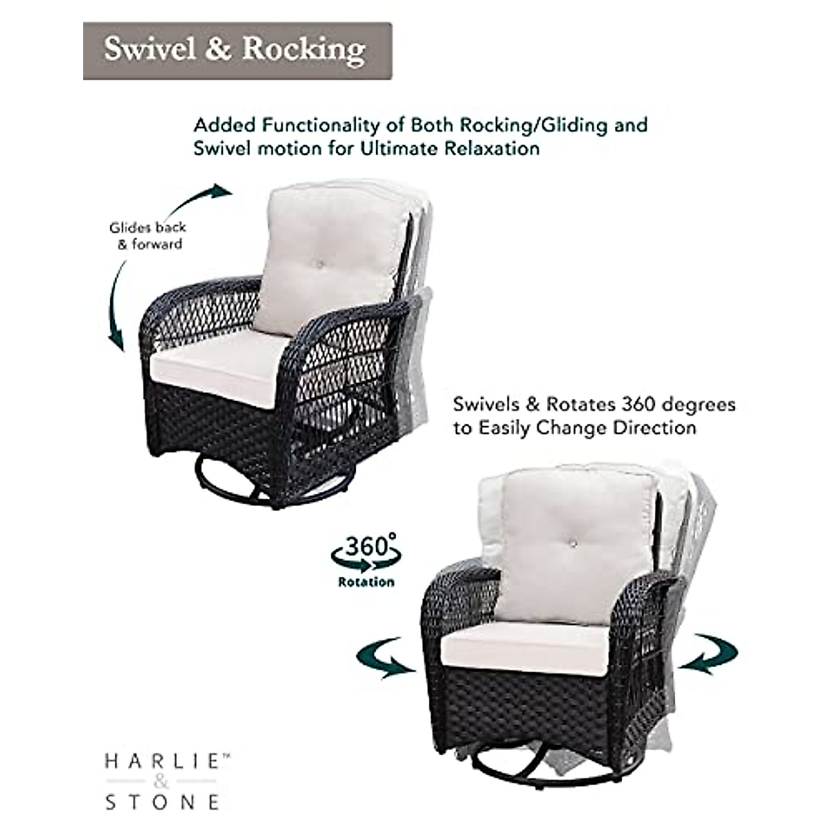Harlie & Stone Outdoor Swivel Rocker Patio Chairs Set of 2 and Matching Side Table - 3 Piece Wicker Patio Bistro Set with Premium Fabric Cushions Outdoor Furniture (Dark Wicker Chair Beige Cushion)