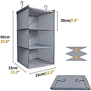 FYY 3-Shelf Hanging Closet Organizers and Storage, Collapsible Heavy Duty Closet Organizer Shelves, Waterproof Washable Fabric Shelves, 23.6" H x 12.2" W x 12.2" D, Grey