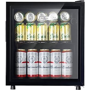 Mini Fridge Glass Door 60 Cans Beverage Cooler Refrigerator Mini Beer Fridge 1.6 cu.ft Organizer for Drinks Soda Wine Small Refrigerator with Blue LED for Home Office Dorm