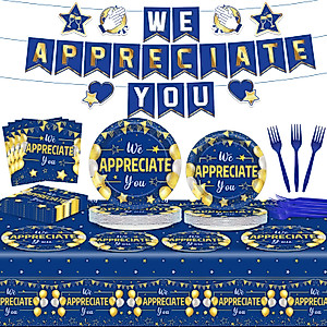 97 Pcs We Appreciate You Decorations for Thank You Party Plates and Napkins Set Blue Gold We Appreciate You Banner Tablecloth for Teacher Nurser Doctor Pastor Employee Thanksgiving Supplies