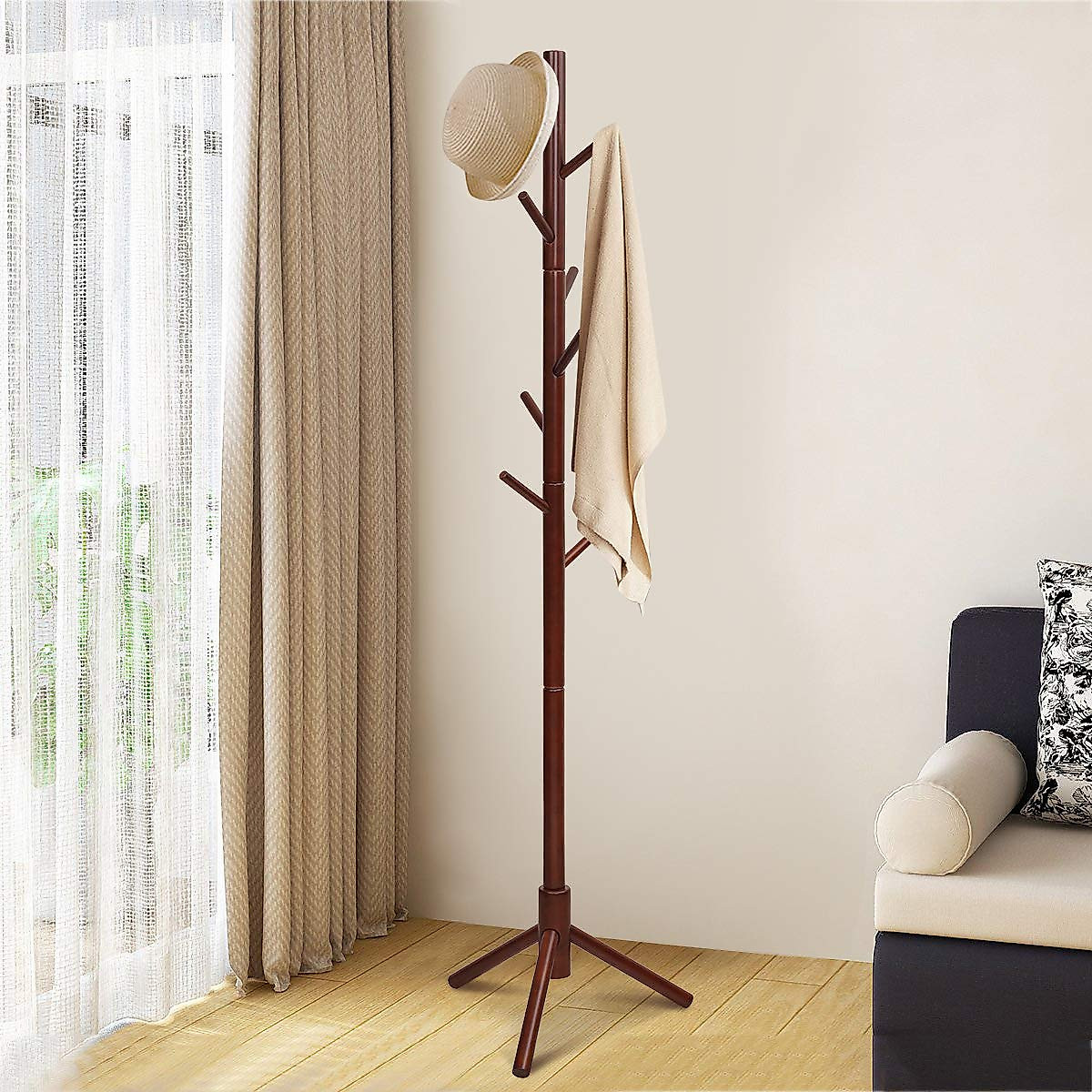 Tangkula Coat Rack Freestanding, Rubber Wood Coat Stand with 8 Hooks, Height Adjustable Entryway Coat Tree Coat Hanger Stand for Home Office Hall Entryway