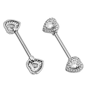 14G Dainty CZ Love Heart Nipple Rings Tongue Ring Surgical Steel Nipple rings Piercing Women Barbells 2Pcs 25/8"(16mm) (Silver)