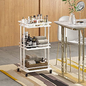 XYZLVSI 3-Tier Rolling Serving Bar Cart, Wood and Metal Kitchen Island Storage Cart with Wheels, Multifunction Utility Drink Cart Storage Rack for Home, Kitchen, Bar, Dinning Room, Living Room (White)