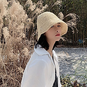 Women's Straw Sun Hat Hand-Woven Packable Beach Bucket Hat Summer Floppy UV Protection Hat(Beige)