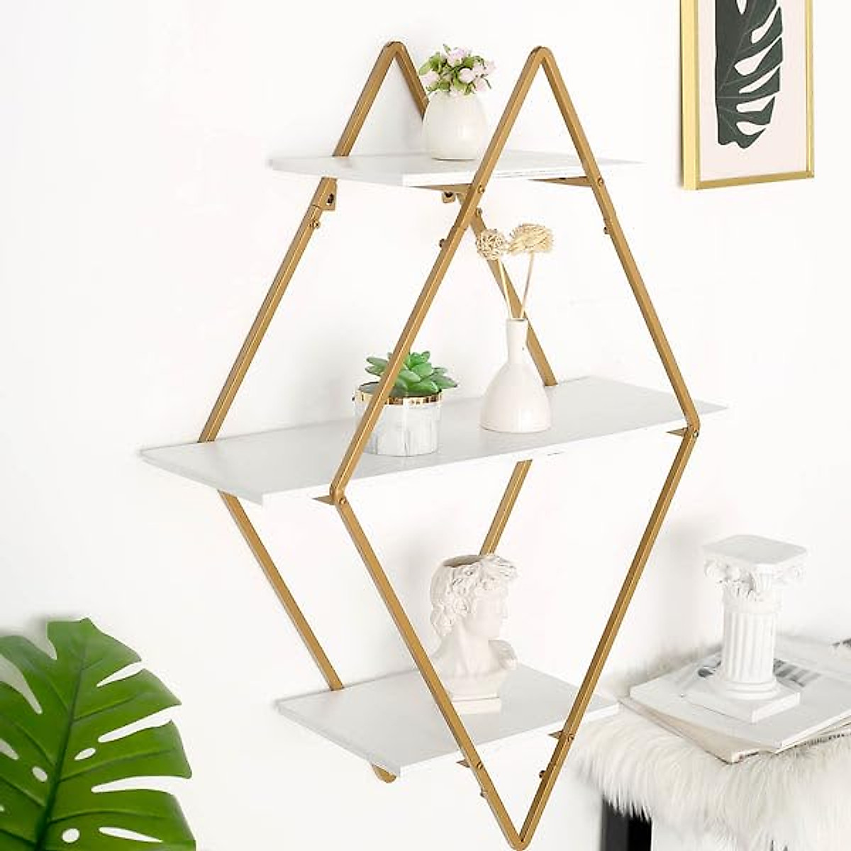 Efavormart 31" Geometric Diamond Shaped 3-Tier Gold Metal Dessert Cupcake Stand Rack, Wall Hanging Display Shelf Display, Book Shelf with White Wood Panels