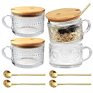 Vozoka Vintage Glass Coffee Mugs, 14oz Set of 4 Coffee Mug Set, Latte Mugs, Coffee Bar Accessories, Iced Coffee Glasses, Ideal for Cappuccino, Latte, Cereal, Yogurt, Milk, Hot or Cold Beverages, Gifts