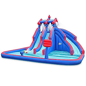 SUNNY & FUN Mega Sport Inflatable Water Triple Slide Park – Heavy-Duty for Outdoor Fun - Climbing Wall, 3 Slides & Splash Pool – Easy to Set Up & Inflate with Included Air Pump & Carrying Case