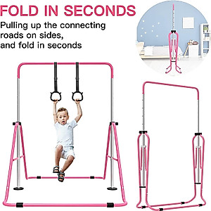 EVERYMILE Gymnastics Bars for Home, Adjustable Height Folding Horizontal Bars, Junior Training Kip Bar Expandable Gym Equipment, Monkey Bar with Gymnastics Rings for Kids Gifts