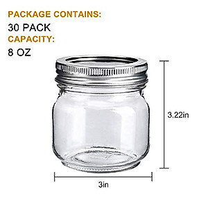 Accguan 8oz / 250ml Mason Jars with Airtight Lids, Glass Jar With Regular Lids, Clear Glass Jar Ideal for Jam,Honey,Wedding Favors,Shower Favors, Set of 30