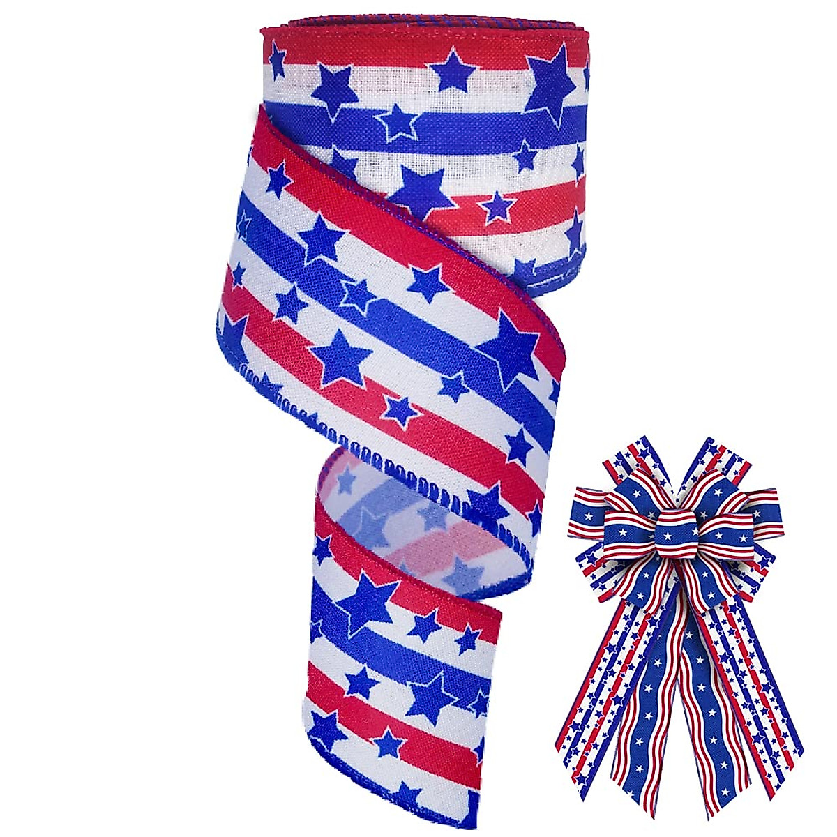 LANGFON 4th of July Fabric Ribbon Patriotic Small Stars Decor Ribbon Strip Burlap Edge Wired Ribbon for Veterans Day Independence Day Gift Wrapping Party Decoration Supplies 10 Yards 2.5 Inch 1 Roll