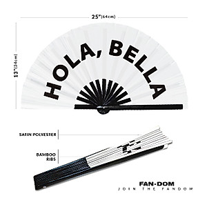 Hola, Bella Hand Fan Foldable Bamboo Circuit Rave Hand Fans Spanish Words Fan Outfit Party Gear Gifts Music Festival Rave Accessories (White)