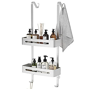 TZAMLI Hanging Shower Caddy Over The Door Shower Organizer, Aluminum Shower Shelf Bathroom Storage Rack with Hook and Basket (Silver-Silver, 2-Tier)