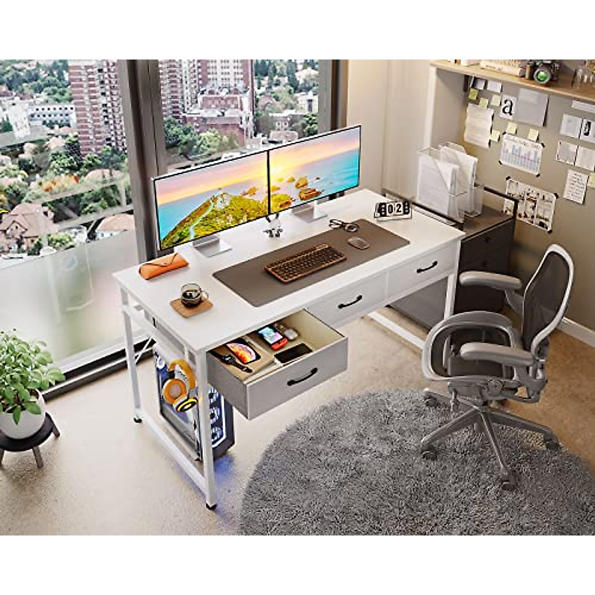 ODK 48 Inch Computer Desk with 3 Fabric Drawers, Home Office Desks with Storage, Modern Work Desk for Bedroom, Writing Study Table, White