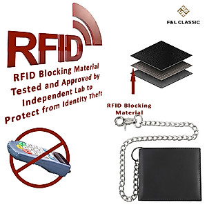 F&L CLASSIC RFID Blocking Mens bi-fold Style Cowhide Leather Steel Chain Wallet, texas black