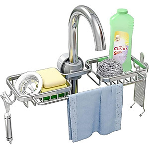 SIMCAS 2023 NeverRust Faucet Sponge Holder Kitchen Sink Caddy, Detachable Faucet Rack Drain Shelf for Sponge, Brush, Soap, Dishcloth, Bathroom Organizer with Hooks, RV & Kitchen Accessories, Aluminum