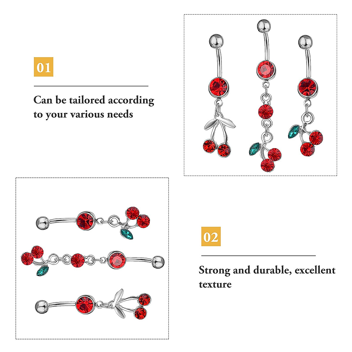 Generic Crystal Navel Ring 3pcs Belly Button Rings Dangle Rhinestone Navel Rings Barbell Body Piercing Jewelry for Women Lip Nose Stud Eyebrow, 5.5x1.2cm