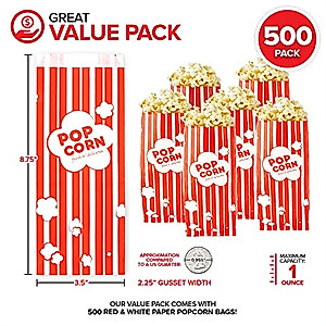 1 oz Paper Popcorn Bags Bulk (500 Pack) Small Red & White Pop-corn Bag Disposable for Carnival Themed Party, Movie Night, Halloween, Popcorn Machine Accessories & Supplies, Individual Servings