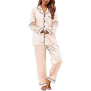 IFFEI 2 Pieces Silk Satin Womens Pajamas Set Button-Down Long Sleeve Girls Pajamas M Champagne