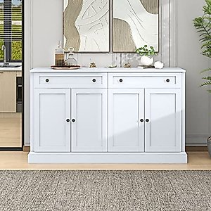 GODAFA Cabinet Multi-Functional Kitchen Sideboard-4 Drawers, Mesh Metal Doors, Adjustable Shelves, Wineglass Holders, Large, White