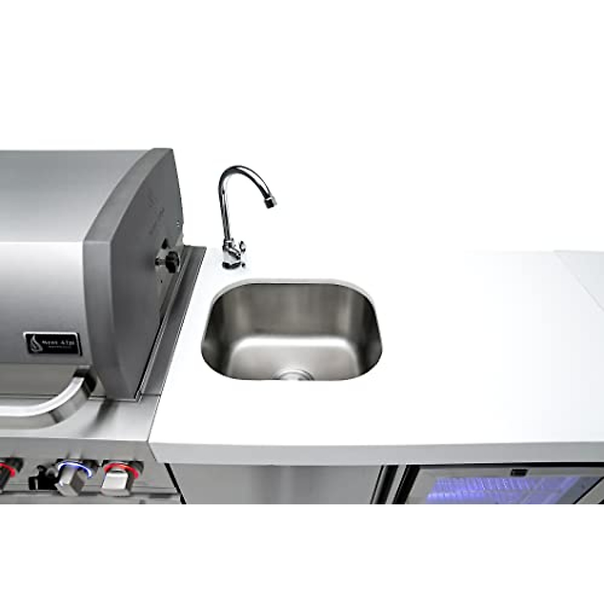 Mont Alpi MAi400-D90KEGBEVFC 32-Inch 4-Burner 78000 BTU 90 Degree Corner Stainless Steel Gas Outdoor Kitchen Bar Barbecue Island Grill w/ 3 Beer Tap Kegerator Keg Dispenser + Wine Cooler Refrigerator