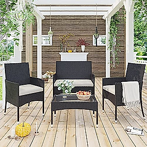 SAWQF 4Pcs Outdoor Garden Patio Furniture Set Rattan Include 1 2-Seat Sofa+2 Arm Chairs+1 Tea Table Brown w/White Cushion