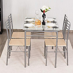 Giantex 5 Piece Dining Table Set, Kitchen Dining Set with Tempered Glass Table Top and 4 Chairs, Dinette Set for 4 for Breakfast Dining Room Kitchen