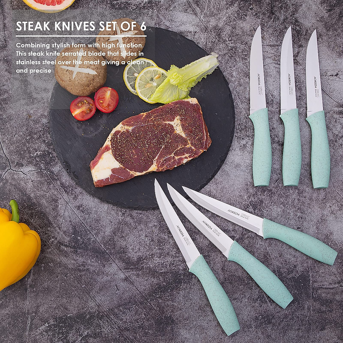 AOKEDA 15pcs Kitchen Knife Set with Block, Sharpener and Scissor, Stainless Steel Knives with Extre-light Straw Handle (Mint Green)