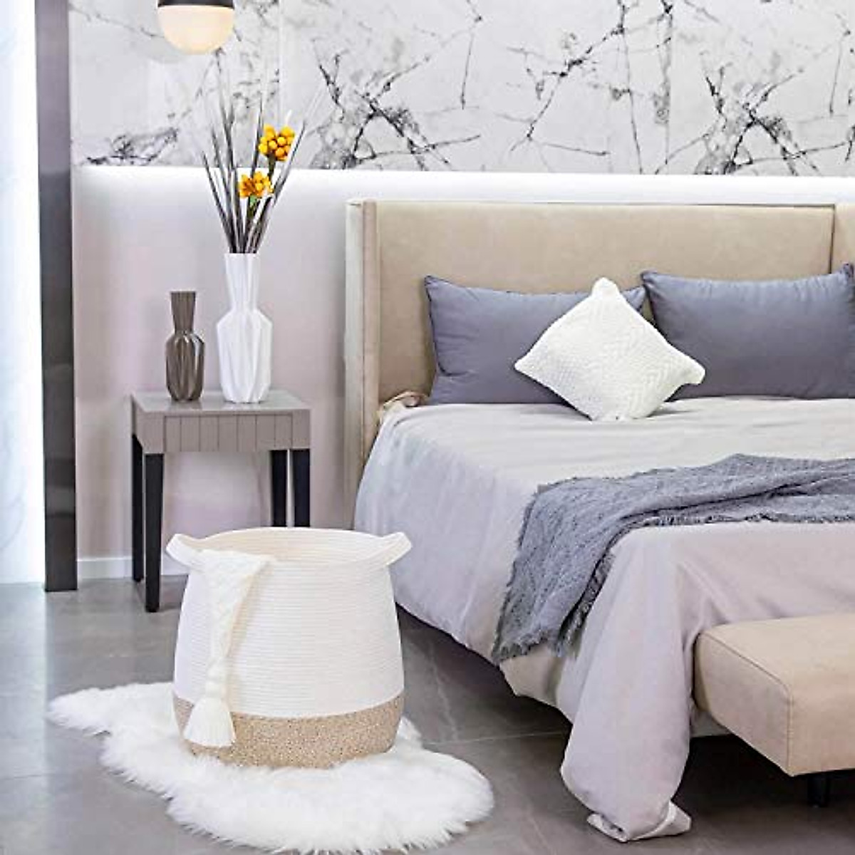 MINTWOOD Design Large 17 x 17 Inches Decorative Woven Cotton Rope Blanket Basket for Living Room, Laundry Basket Hamper, Storage Baskets with Handles for Toys, Throws, Pillows, Towels, Shoes, Brown