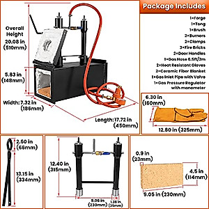 Portable Propane Gas Forge Double Burner 2600°F/1425℃ Large Capacity Square Forging Furnace for Blacksmithing Farrier Knife Tool Making Equipment with Tong & Gloves