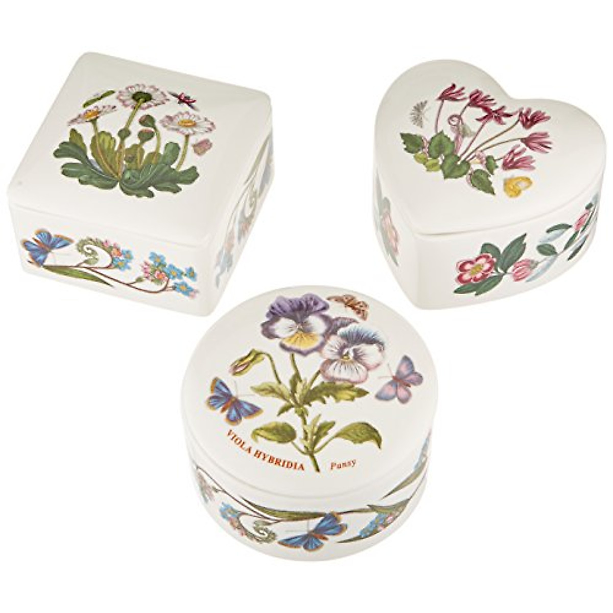 Portmeirion Botanic Garden Set of 3 Covered Boxes | 3.5 Inch Mini Boxes | Ideal for Storing Trinkets and Jewelry | Assorted Floral Motifs | Dishwasher Safe