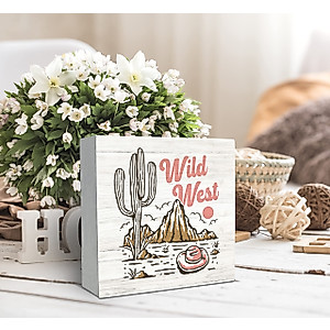 SRADMO Retro Western Country Cowboy Hat Cactus Mountain Wood Box Sign Desk Decor，Wild West Wooden Block Box Sign Decoration For Western Home Shelf Table Decor