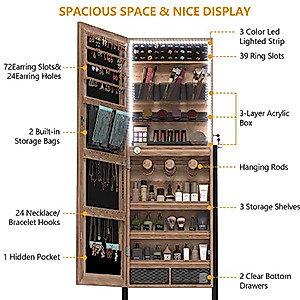 LVSOMT 3 LEDs Full Length Mirror Jewelry Cabinet, Standing Mirror with Jewelry Storage, Large Lockable Armoire for Necklaces, Earrings, Cosmetic Storage, Brown