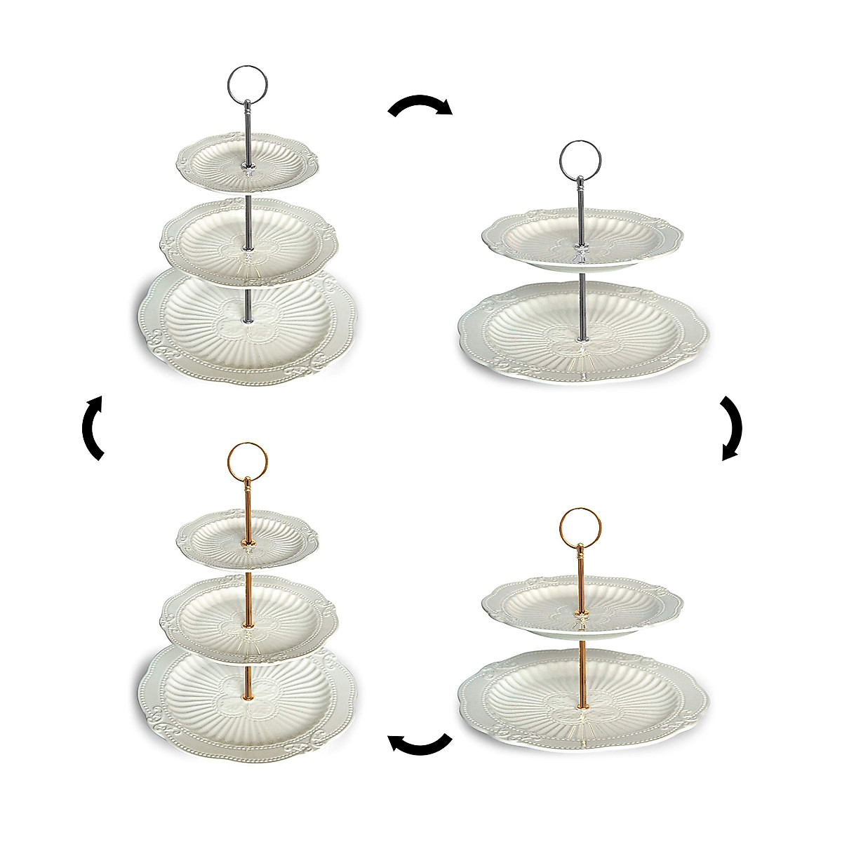 Victoria Interchangeable 2 or 3 Tier Cake Cupcake Dessert Display Stand - Perfect for Entertaining - Elegant Serving Plate/Platter Includes Silver and Gold Hardware