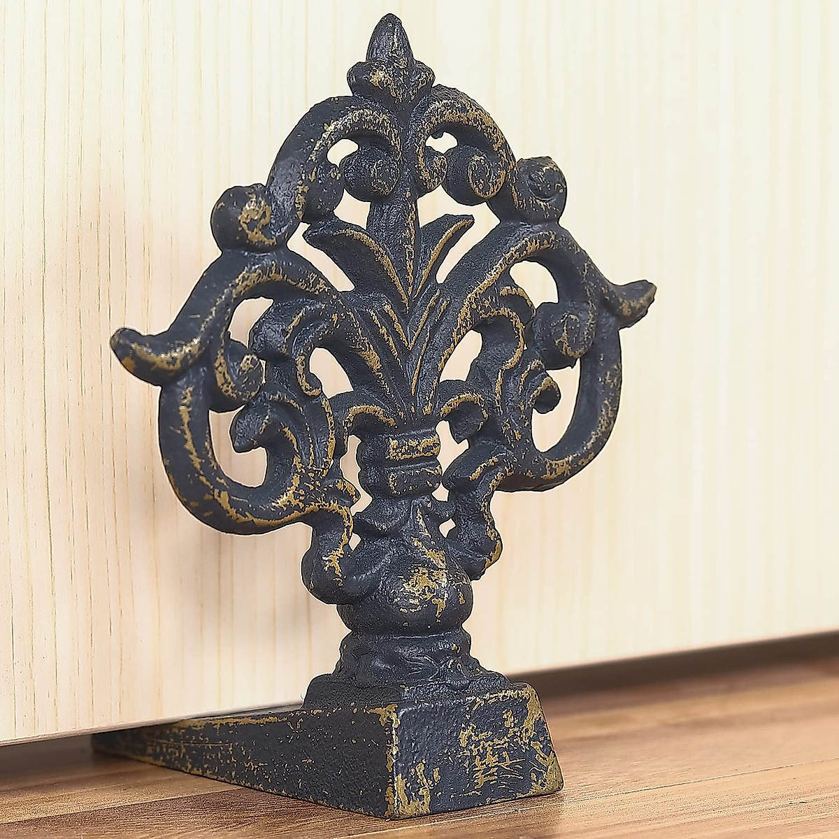 WEMPOLU Cast Iron Door Stop Fleur De Lis Decorative Door Stopper for Bottom of Door, Antique Gold