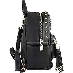 B BRENTANO Vegan Studded Multi-Zipper Top Handle Mini Backpack with Tassel Accents (Studded Black)