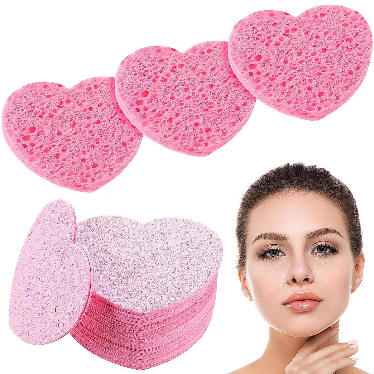 Patelai 50 Count Heart Compressed Facial Sponges Valentine's Day Pink Pads for Face Cleansing Exfoliating Makeup Remover Skincare Travel Home