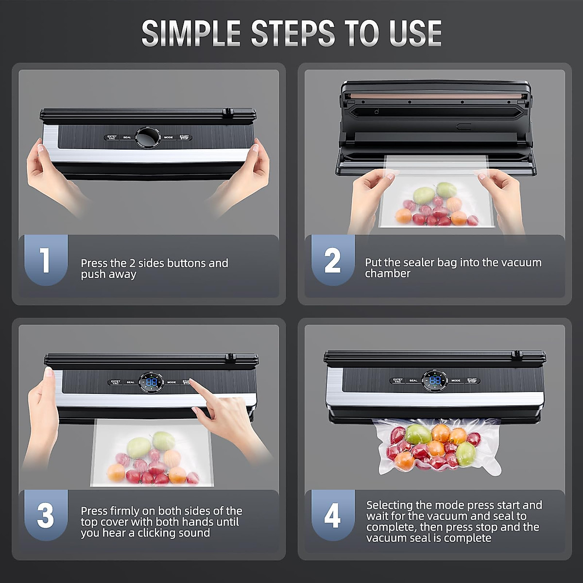 Vacuum Sealer Machine - 8 in 1 Food Vacuum Sealer Machine with Build-in Cutter Automatic Air Sealing System LED Indicator for Food Storage Dry and Moist Food Modes with 15Pcs Seal Bags Kit (Black)